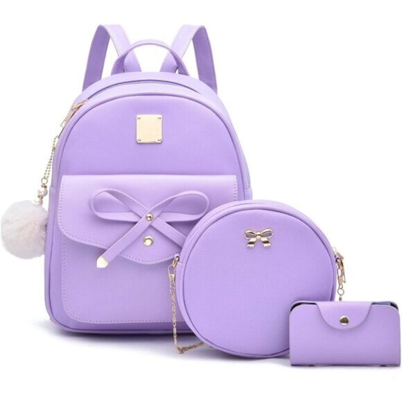 Bags | New Bowknot Purple 3piece Set Leather Backpack Shoulder Bag ...